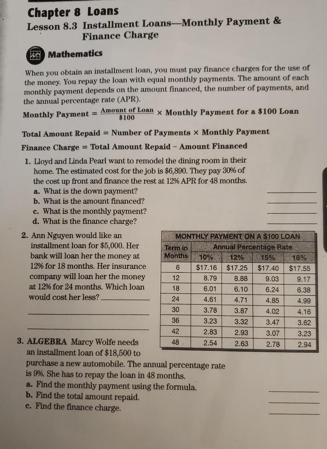 Solved Chapter 8 Loans Lesson 8.3 Installment Loans-Monthly | Chegg.com