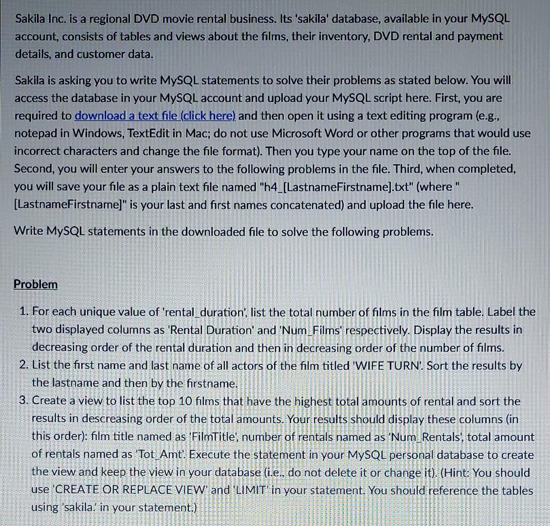 Solved Sakila Inc. is a regional DVD movie rental business. | Chegg.com