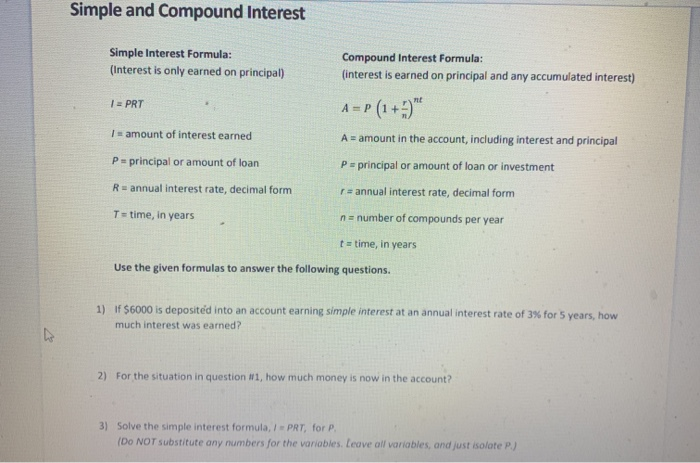 Solved Simple and Compound Interest Simple Interest Formula: | Chegg.com