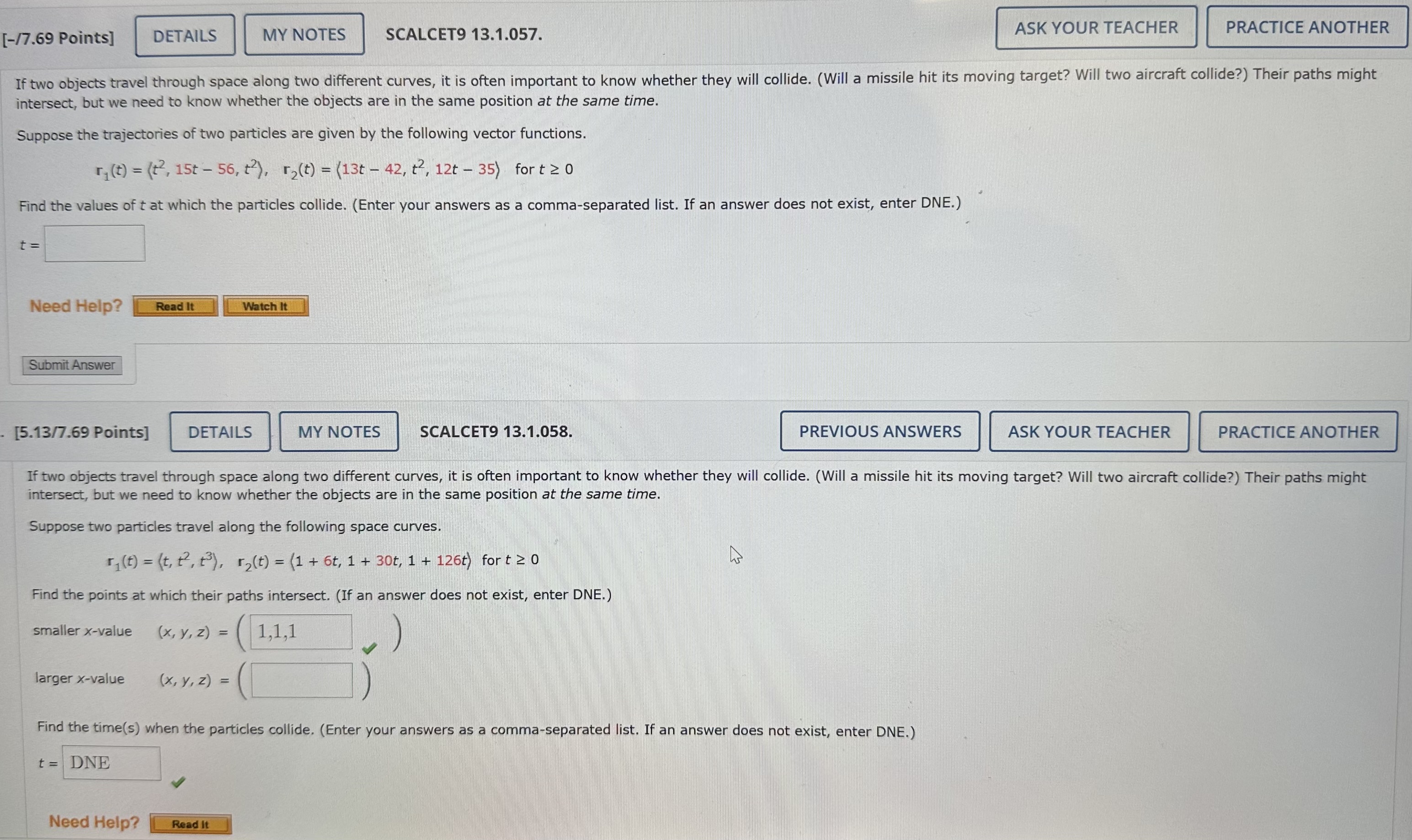 Solved If two objects travel through space along two | Chegg.com
