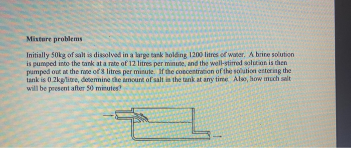 Solved Mixture problems Initially 50kg of salt is dissolved | Chegg.com