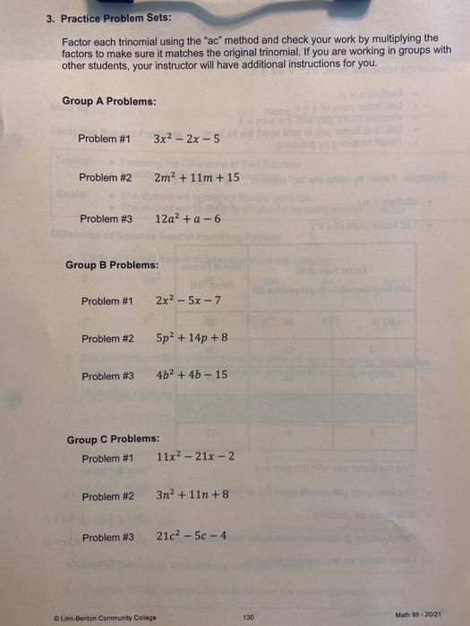 Solved 3. Practice Problem Sets: Factor each trinomial using | Chegg.com