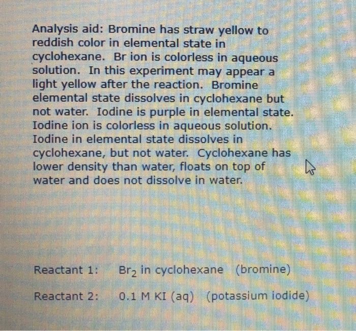 Solved Analysis aid: Bromine has straw yellow to reddish | Chegg.com