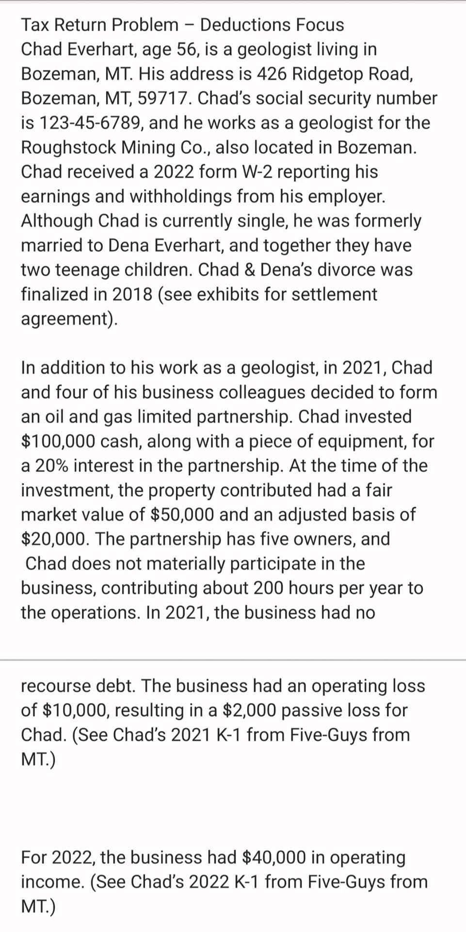 Tax Return Problem - Deductions Focus Chad Everhart, | Chegg.com