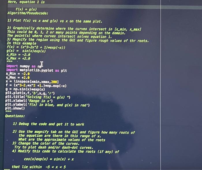 Solved f(x)=g(x) Algorithin/Pseudocode: 1) Plot f(x) vs x | Chegg.com