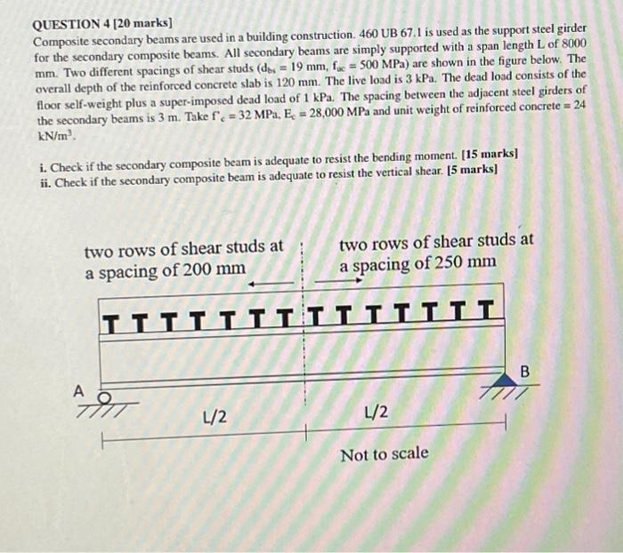 Solved QUESTION 4 [20 marks] Composite secondary beams are | Chegg.com