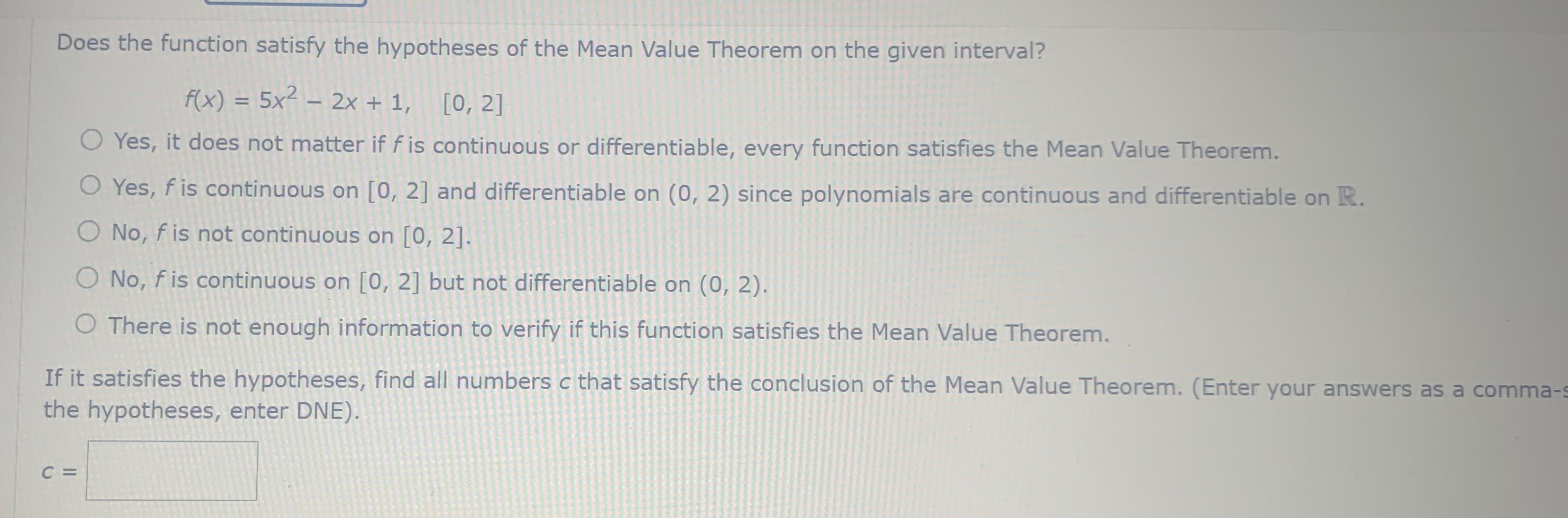 Solved Does the function satisfy the hypotheses of the Mean | Chegg.com