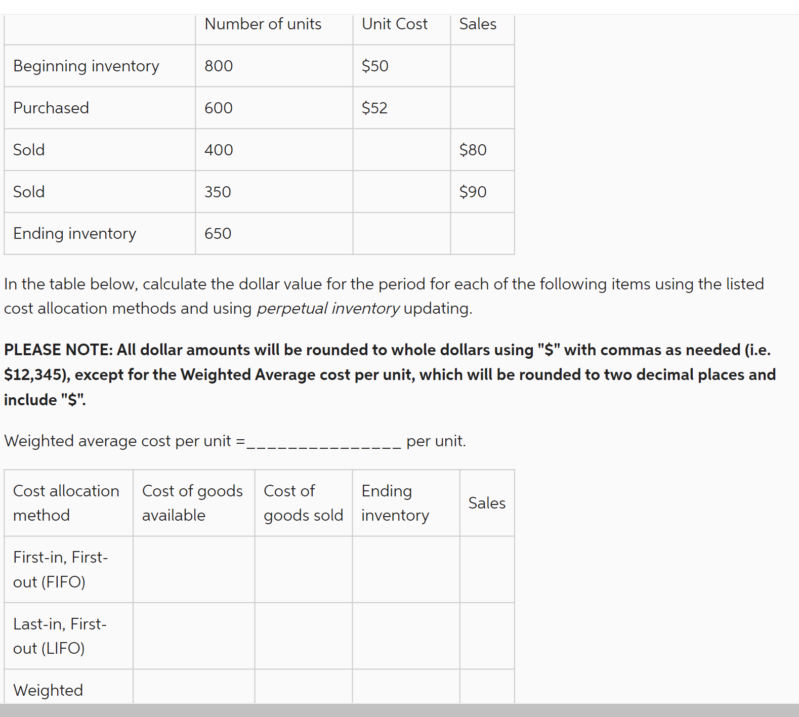 Solved In the table below, calculate the dollar value for | Chegg.com