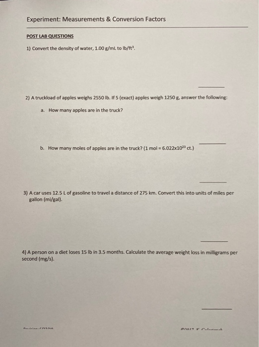 Solved Experiment: Measurements & Conversion Factors POST | Chegg.com