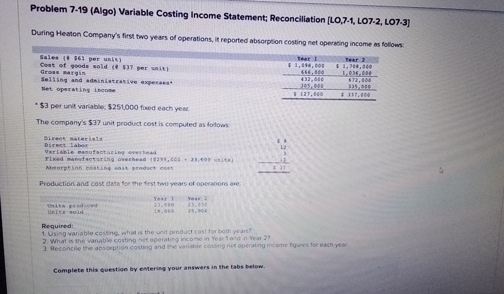 Problem 7-19 (Algo) ﻿Variable Costing Income | Chegg.com