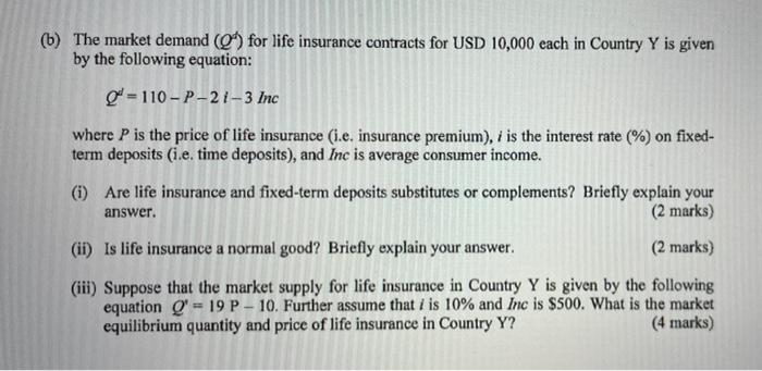 Solved (b) The market demand () for life insurance contracts | Chegg.com