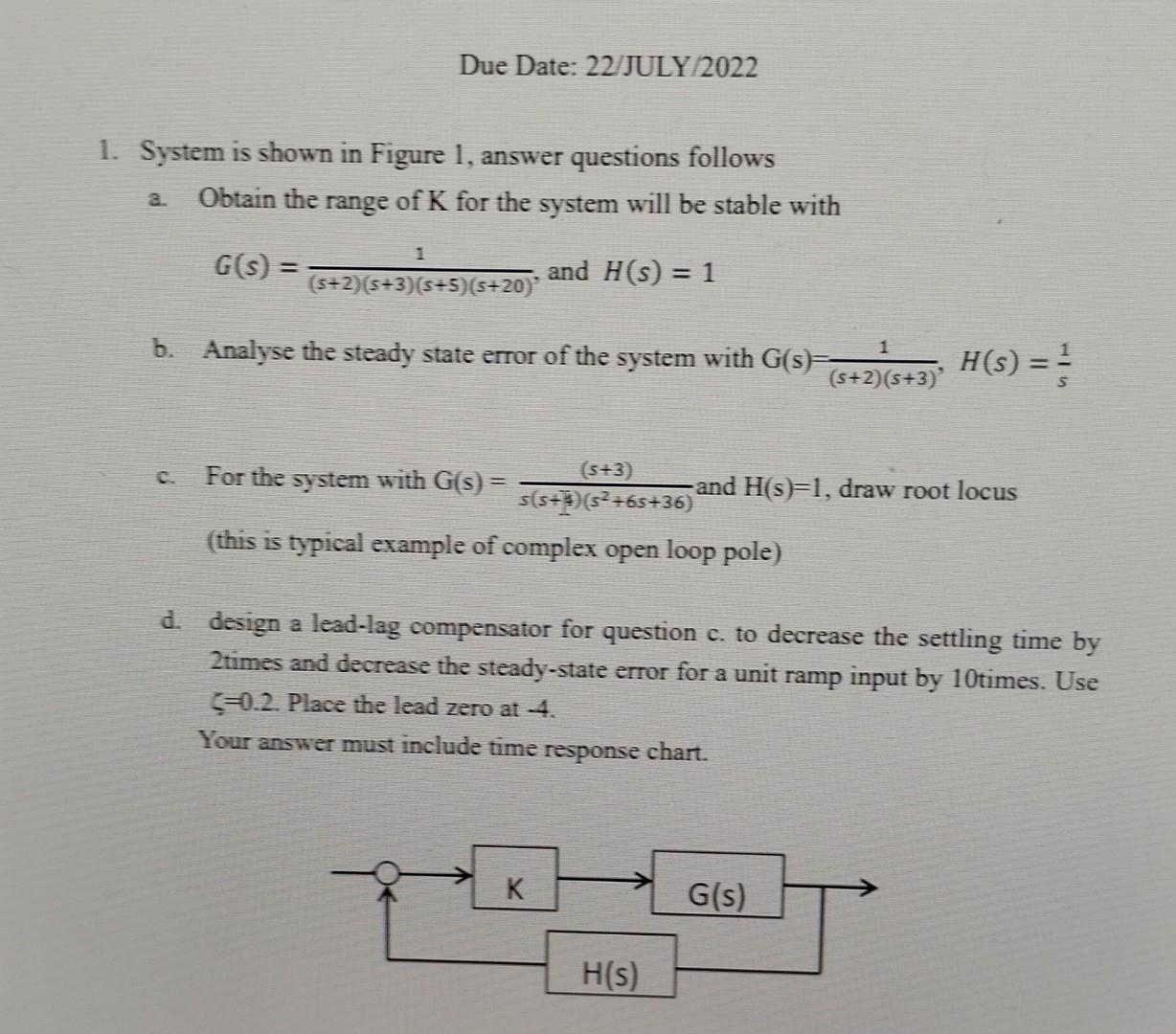 Solved 1. System is shown in Figure 1, answer questions | Chegg.com