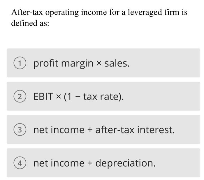 Solved After-tax operating income for a leveraged firm is | Chegg.com