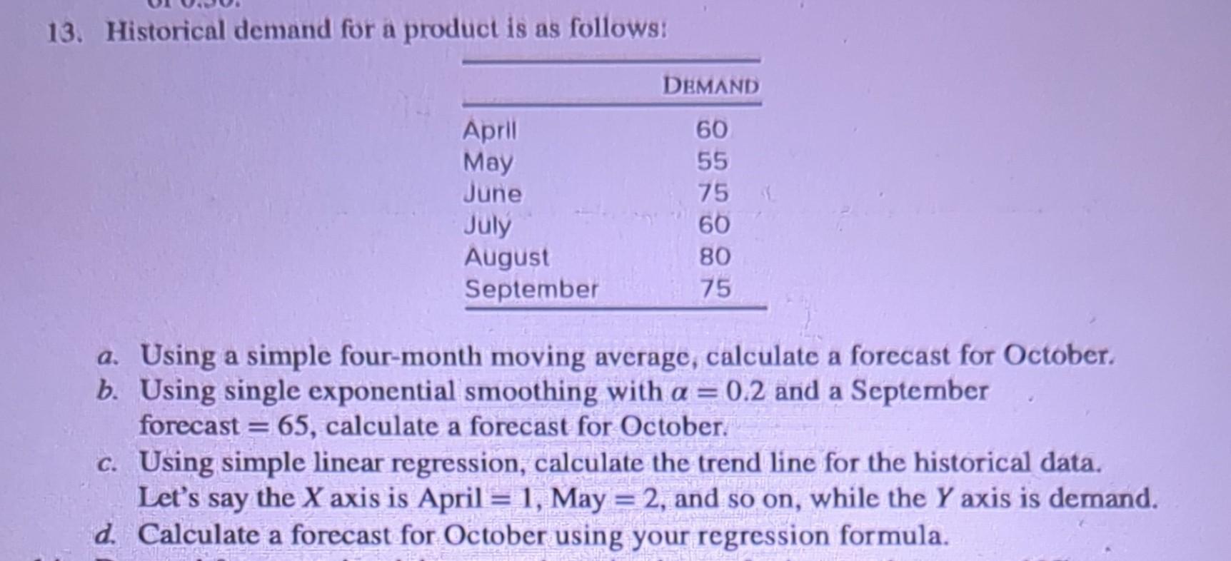 Solved 13. Historical demand for a product is as follows: a. | Chegg.com