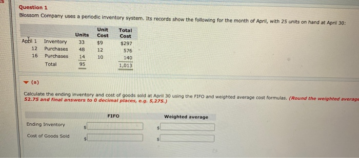 Solved Question 1 Blossom Company uses a periodic inventory | Chegg.com