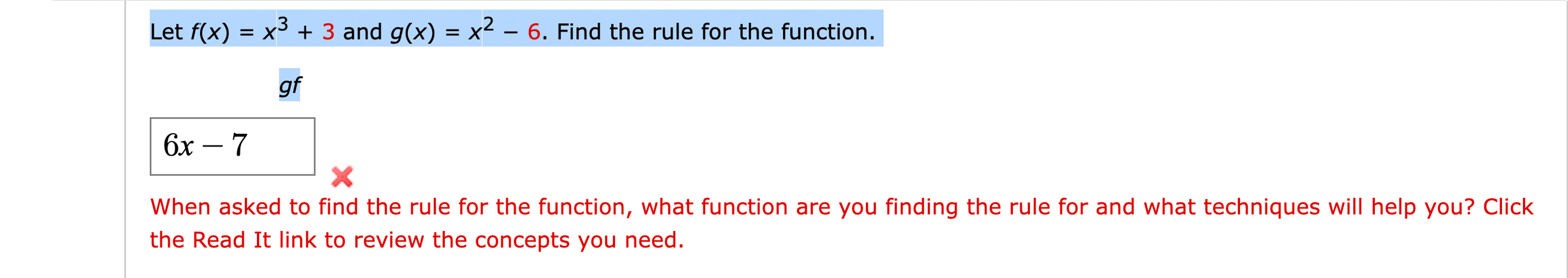 Solved Let f(x)=x3+3 ﻿and g(x)=x2-6. ﻿Find the rule for the | Chegg.com