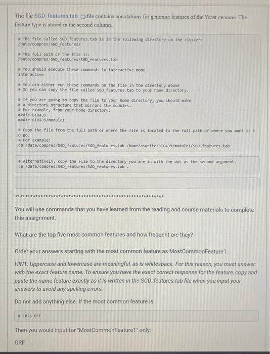 Solved The file SGD features.tab Eifile contains annotations | Chegg.com