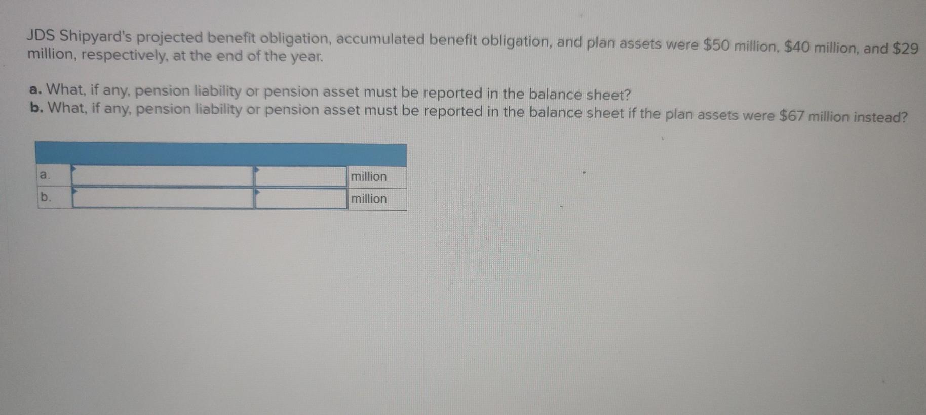 Solved JDS Shipyard's projected benefit obligation, | Chegg.com