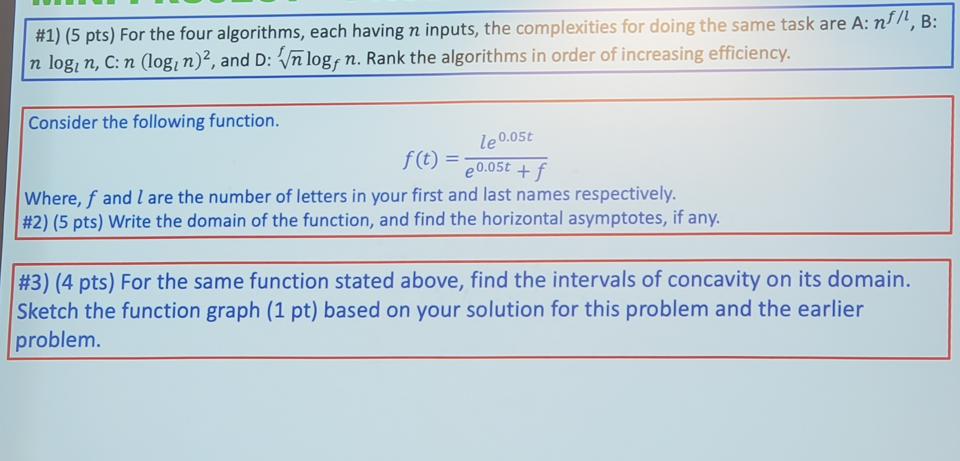 Solved #1) (5 ﻿pts) ﻿For the four algorithms, each having n | Chegg.com