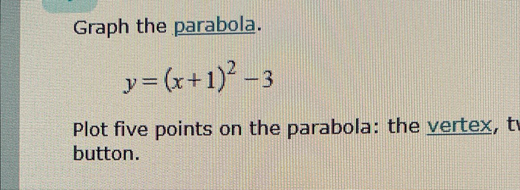 Solved Graph the parabola.y=(x+1)2-3Plot five points on the | Chegg.com