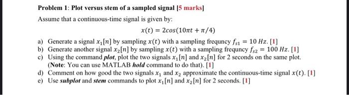 Solved Problem 1: Plot versus stem of a sampled signal 15 | Chegg.com