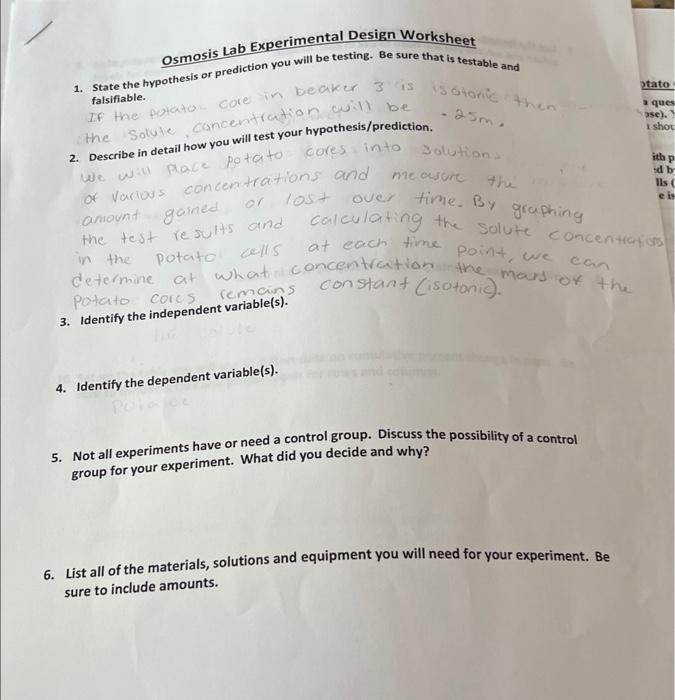 Solved Osmosis Lab Experimental Design Worksheet 1. State | Chegg.com