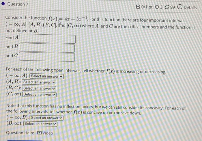 Solved Consider the function f(x)=4x+3x−1f(x)=4x+3x-1. For | Chegg.com