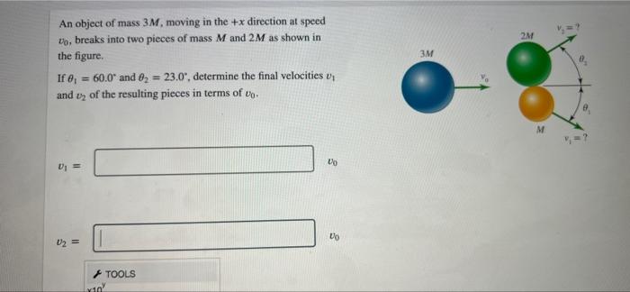 Solved An object of mass 3M, moving in the +x direction at | Chegg.com