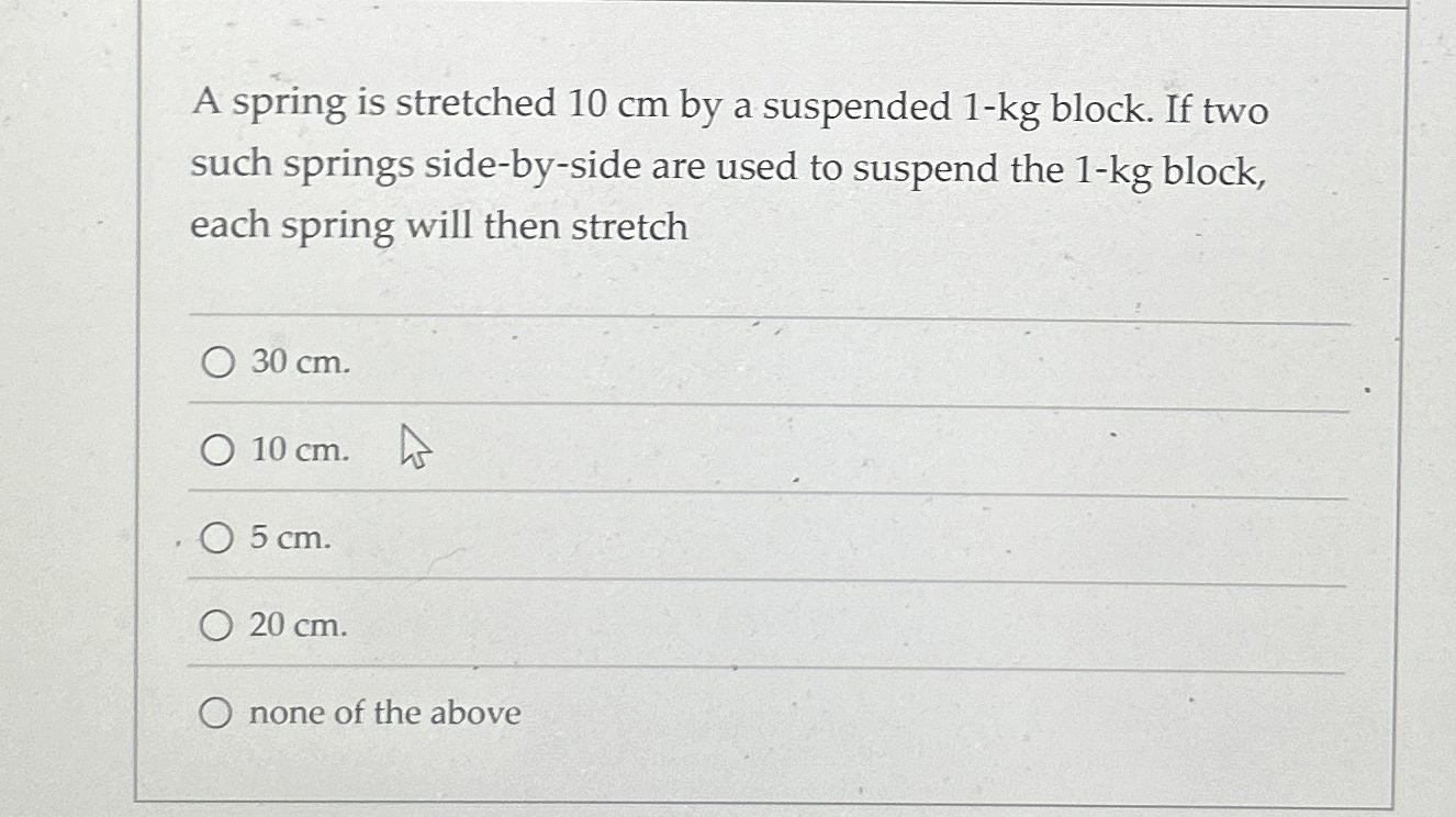 Solved A spring is stretched 10 ﻿cm by a suspended 1- ﻿kg | Chegg.com