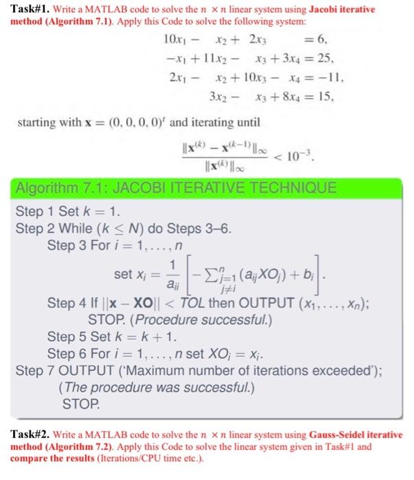 Solved Task#1. Write a MATLAB code to solve the n x n linear | Chegg.com