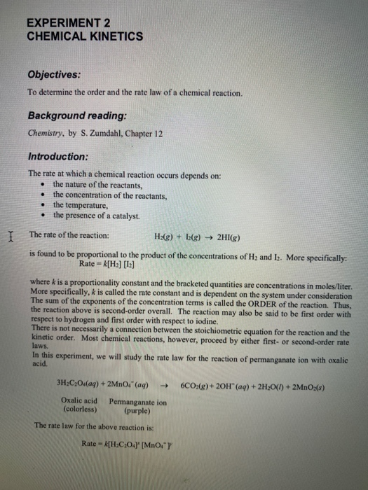 Solved EXPERIMENT 2 CHEMICAL KINETICS Objectives: To | Chegg.com