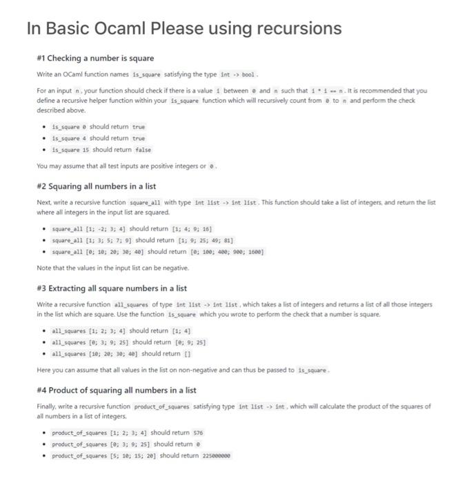 Solved In Basic Ocaml Please using recursions #1 Checking a | Chegg.com Solved In Basic Ocaml Please using recursions #1 Checking a | Chegg.com