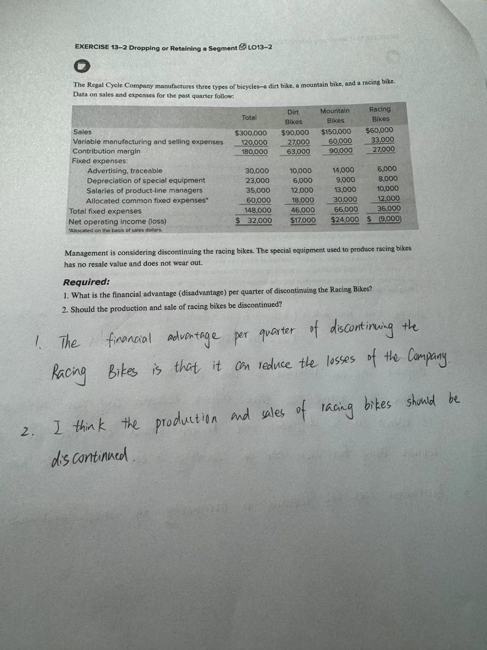 Solved EXERCISE 13-2 ﻿Dropping or Retaining a Segment | Chegg.com