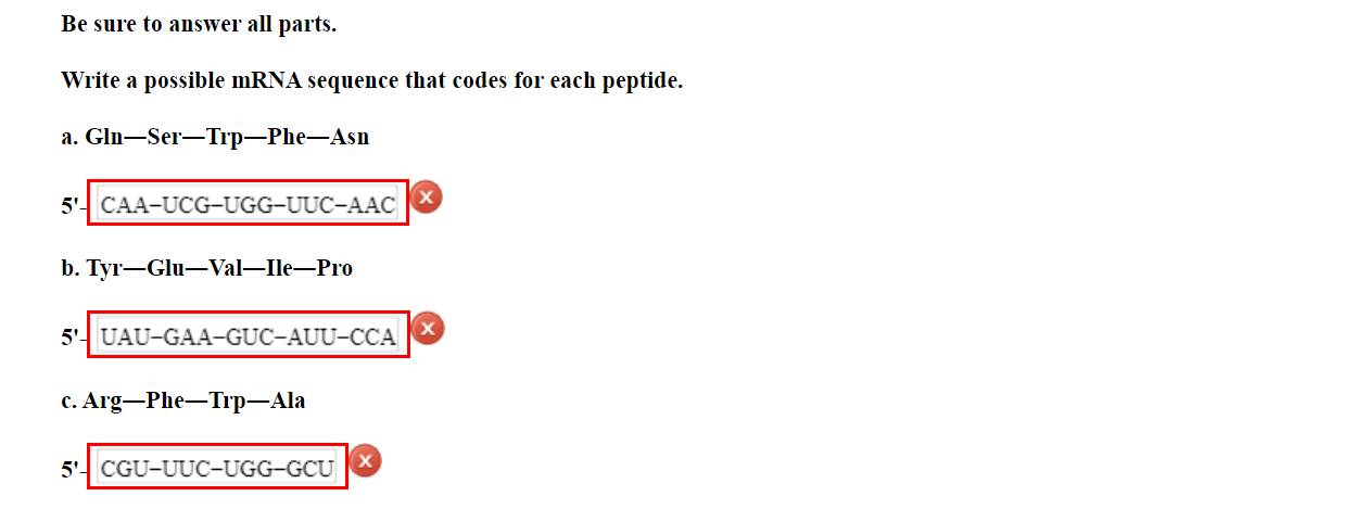 Solved Be sure to answer all parts.Write a possible mRNA | Chegg.com