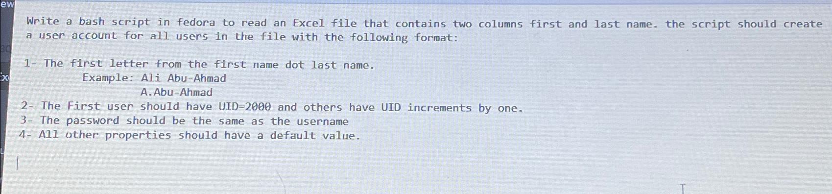 Solved Write A Bash Script In Fedora To Read An Excel File 9444