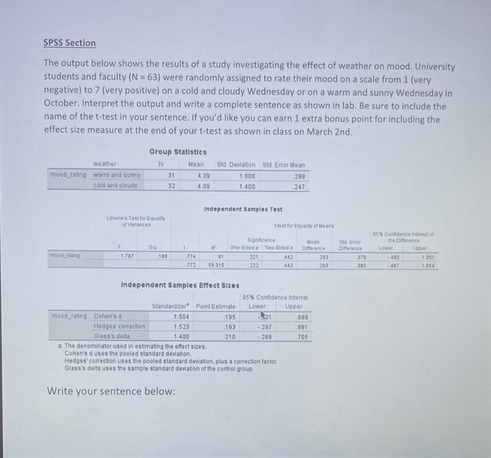 Solved SPSS Section The output below shows the results of a | Chegg.com