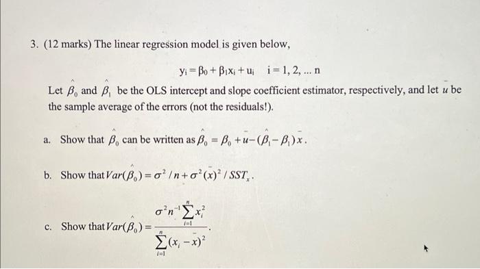 Solved 3. (12 marks) The linear regression model is given | Chegg.com