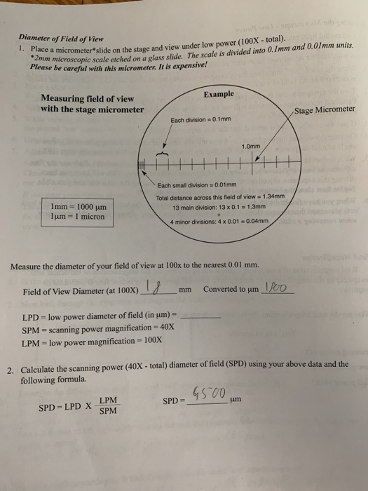 Diameter of Field of View 1. Place a micrometerslide | Chegg.com