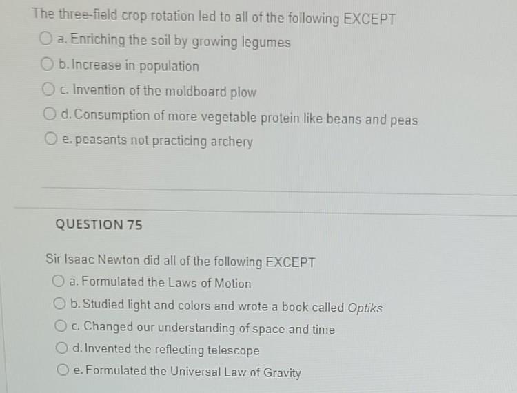 Solved The three-field crop rotation led to all of the | Chegg.com