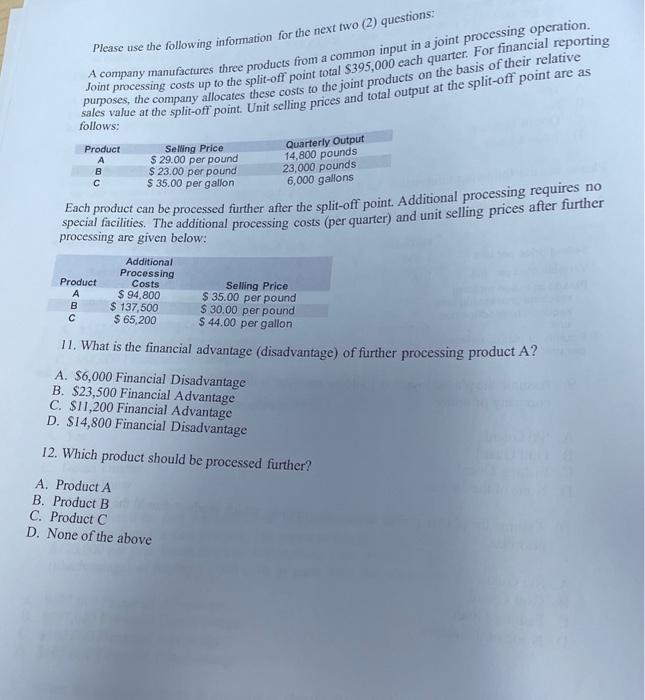 Solved Please use the following information for the next two | Chegg.com