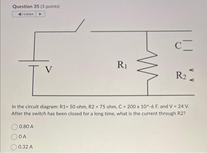 Solved In the circuit diagram: R1=50ohm,R2=75ohm,C=200×10∧−6 | Chegg.com