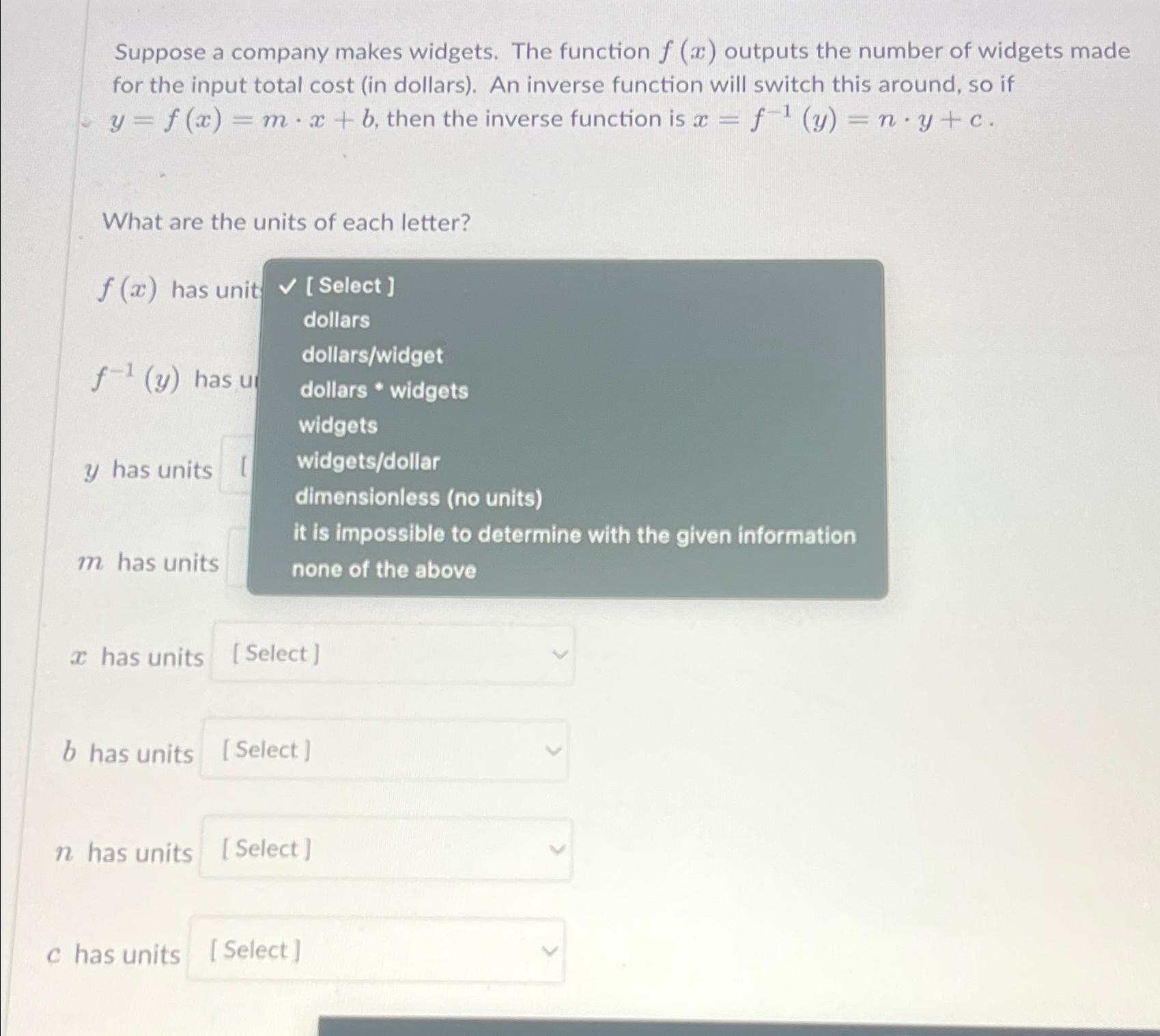 Solved Suppose a company makes widgets. The function f(x) | Chegg.com