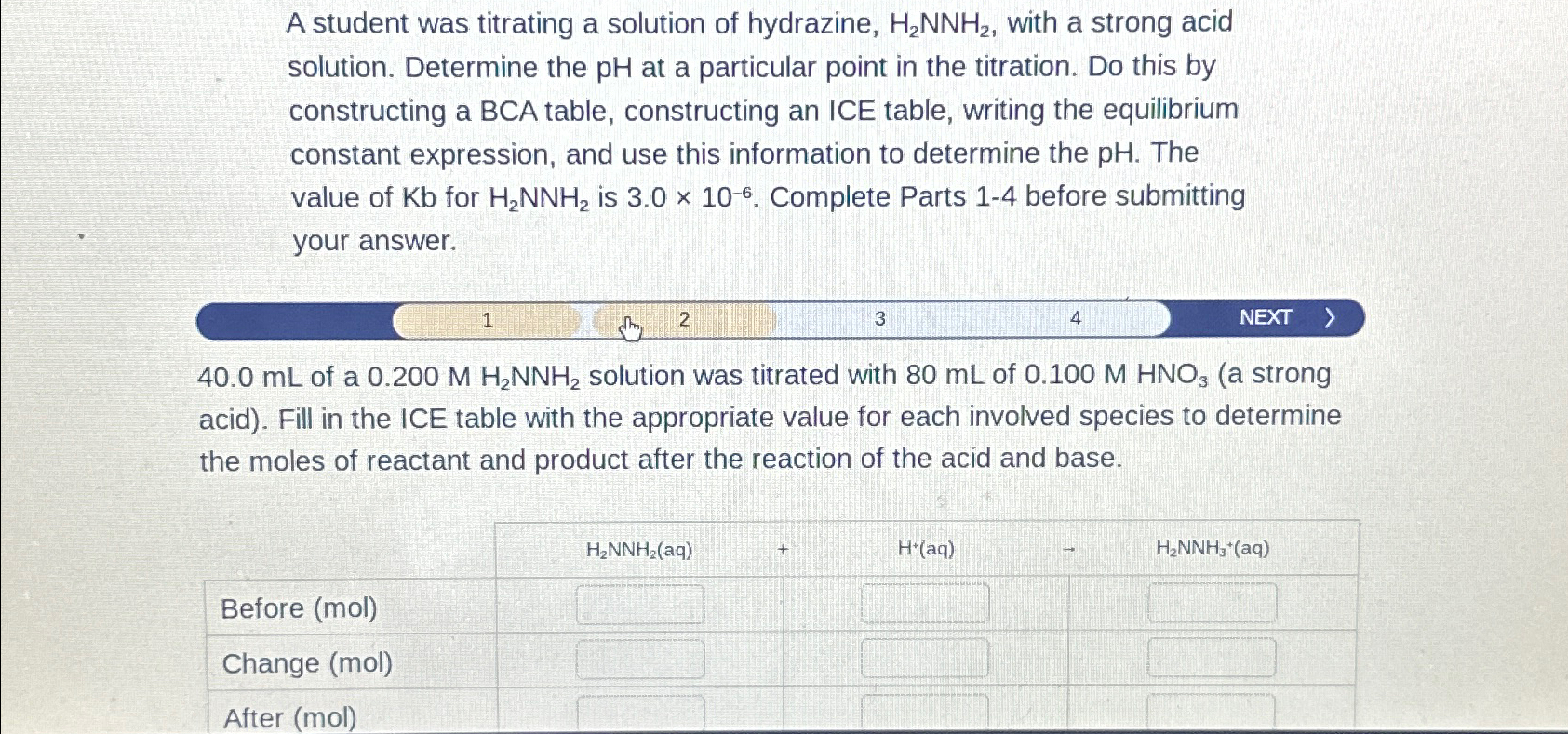 Solved A student was titrating a solution of hydrazine, | Chegg.com