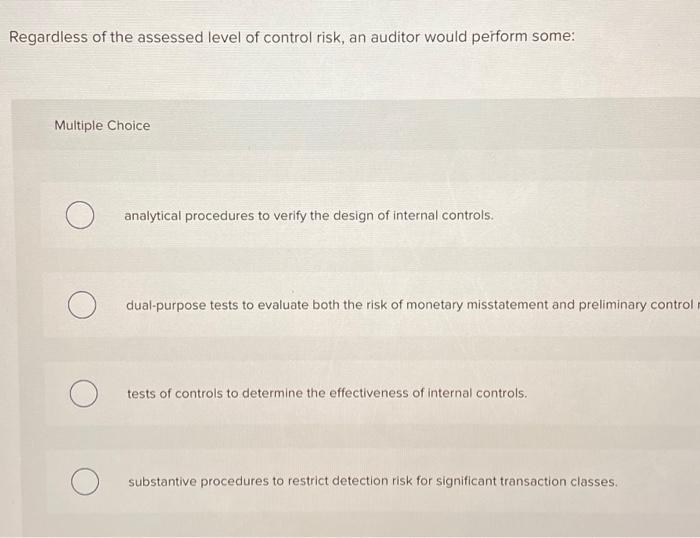 Solved Regardless of the assessed level of control risk, an | Chegg.com
