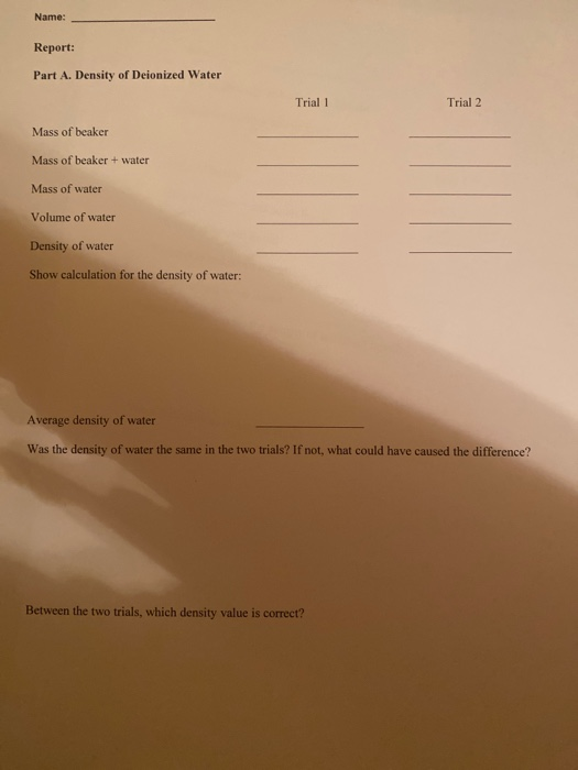 Name: Report: Part A. Density of Deionized Water | Chegg.com