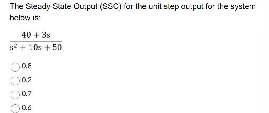 Solved The Steady State Output (SSC) ﻿for the unit step | Chegg.com