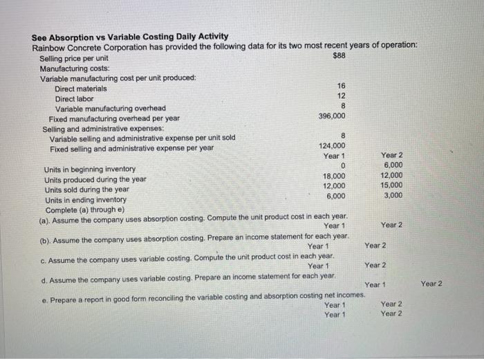 Solved See Absorption vs Variable Costing Daily Activity | Chegg.com