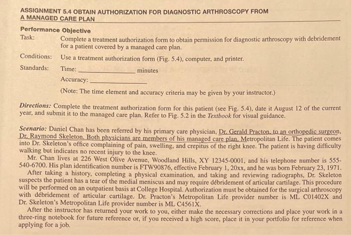 Solved ASSIGNMENT 5.4 OBTAIN AUTHORIZATION FOR DIAGNOSTIC | Chegg.com
