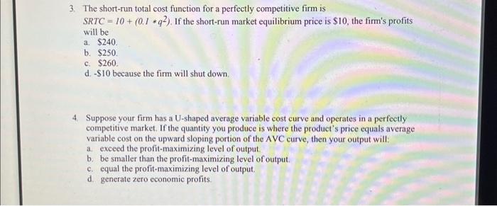 Solved 3. The short-run total cost function for a perfectly | Chegg.com