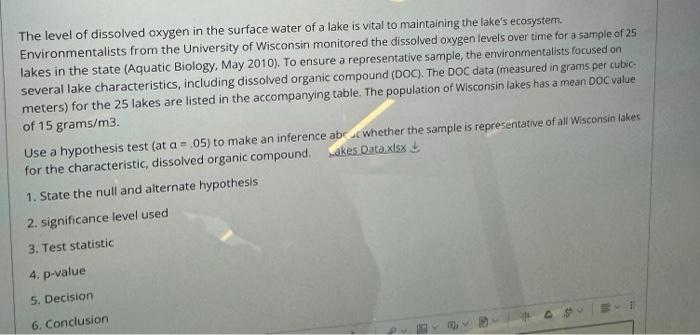 The level of dissolved oxygen in the surface water of | Chegg.com